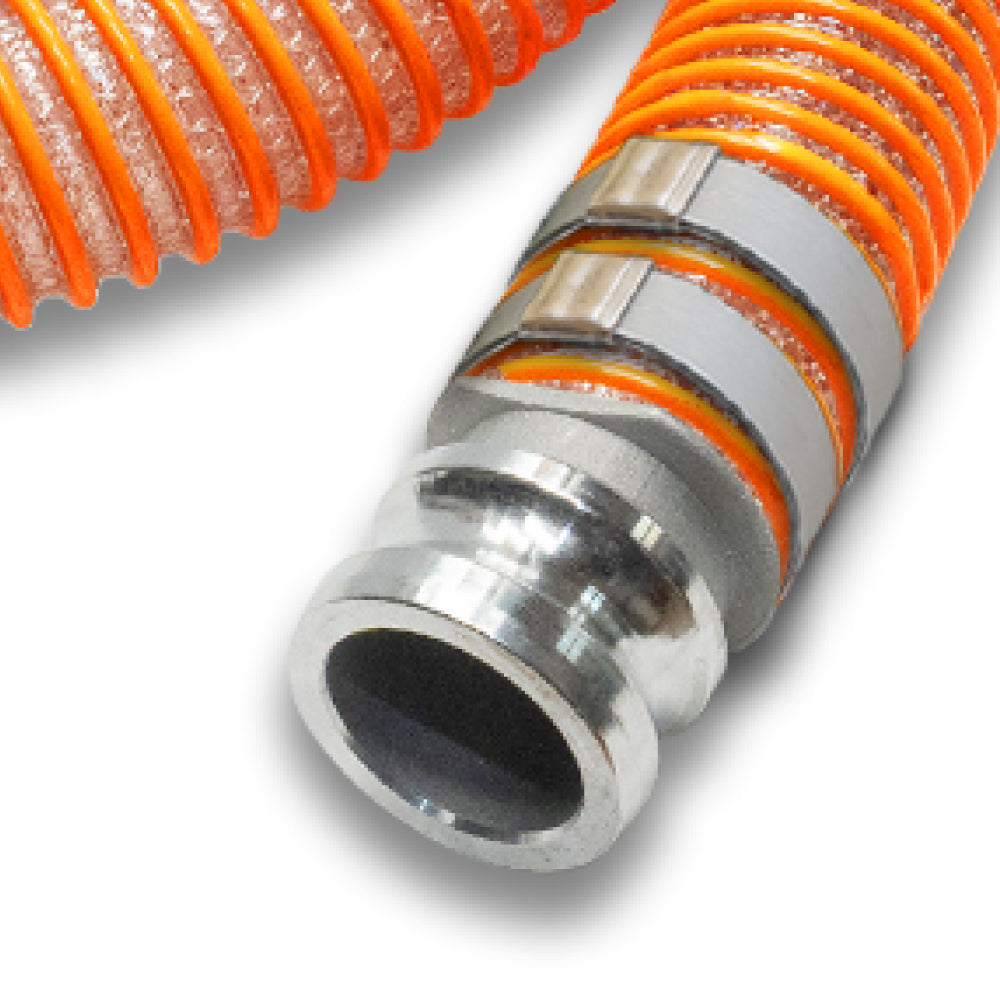 6" Orange & Clear PVC Suction Hose Camlock Female x Camlock Male